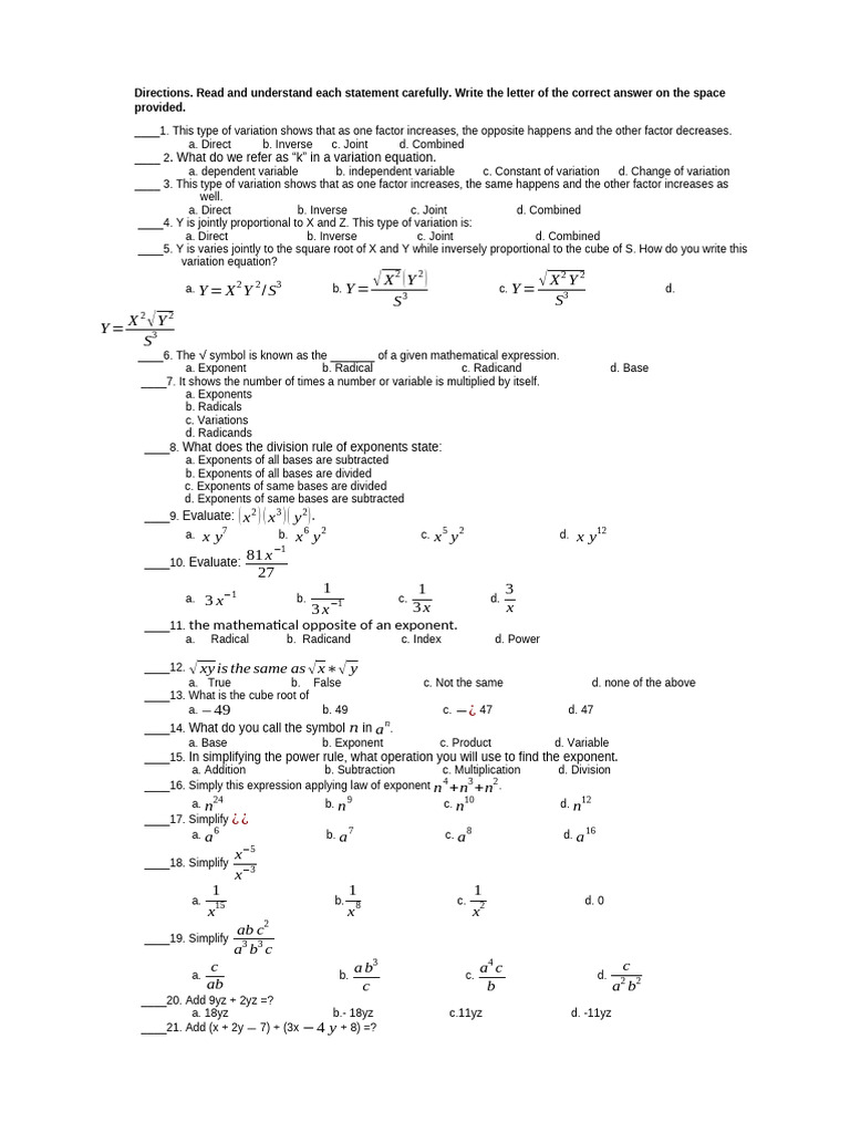 Math 9 2ND Quarter Exam | PDF | Exponentiation | Algebra