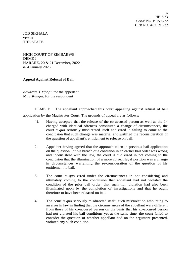 Appeal for Bail Refusal in Zimbabwe Case | PDF | Bail | Precedent
