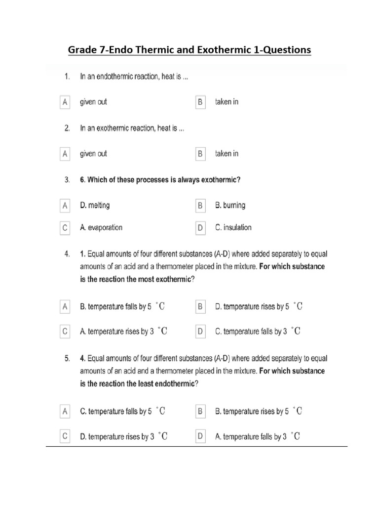 Grade 7-Endo Thermic and Exothermic 1-Questions | PDF