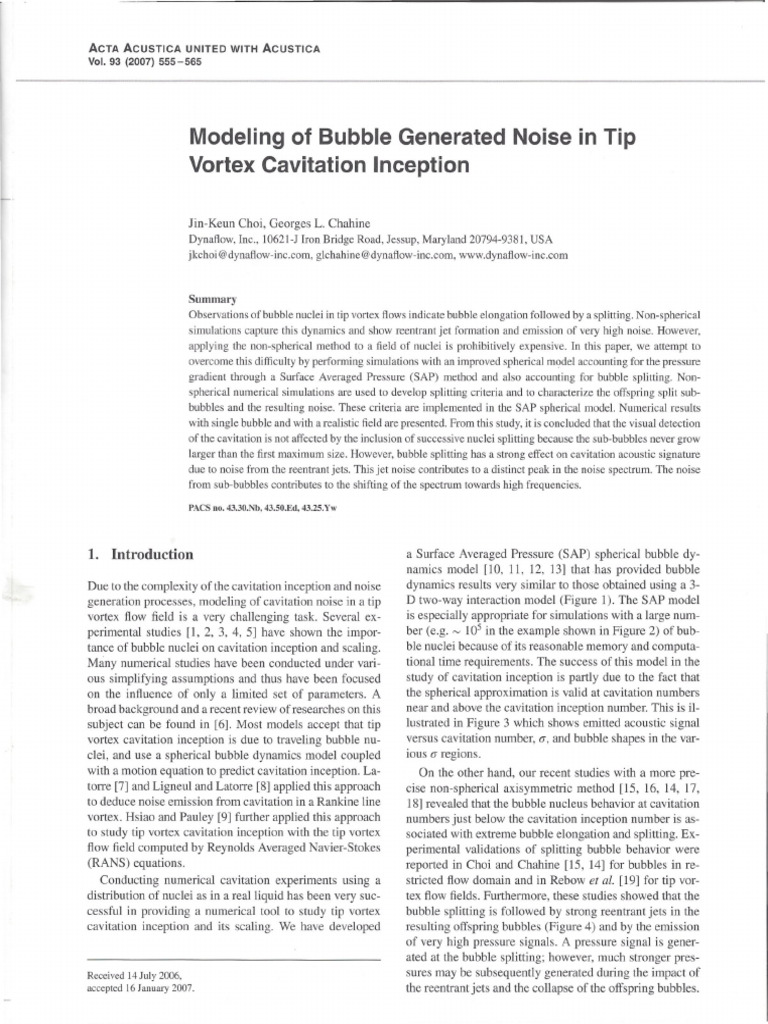 Modeling of Bubble Generated Noise in Tip Vortex Cavitation Inception ...