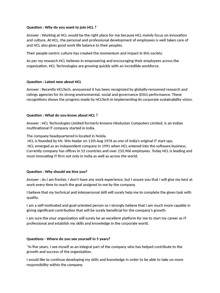 HCL Interview Q&A | PDF