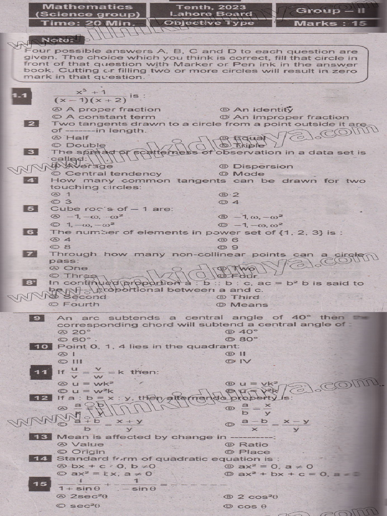 Past Paper 2023 Lahore Board Class 10th Mathematics Group II Objective ...