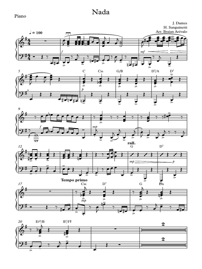 Partition Piano : "Nada" Arrangement | PDF