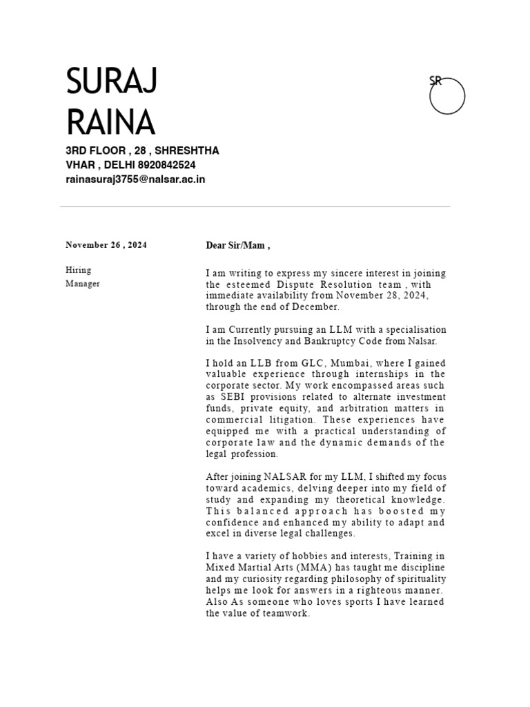 Suraj Raina: 3Rd Floor, 28, Shreshtha VHAR, DELHI 8920842524 Rainasuraj3755@nalsar - Ac.in | PDF