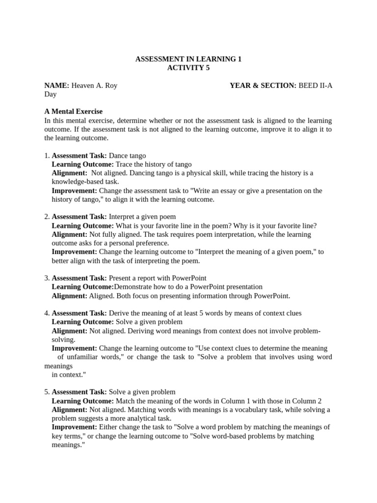 ASSESSMENT IN LEARNING 1 - ACTIVITY 5 - ROY, HEAVEN A. BEED 2-A Day ...