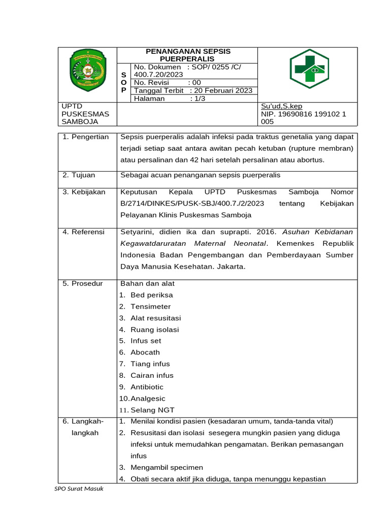 Sop Sepsis Peurperalis New | PDF