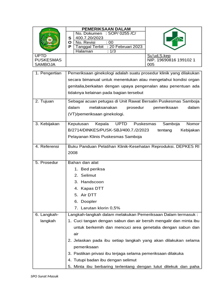 Sop Pemeriksaan Dalam New | PDF
