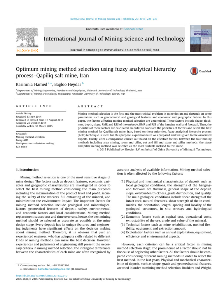 Optimum Mining Method Selection Using Fuzzy Analytical Hierarchy | PDF | Mining | Fuzzy Logic