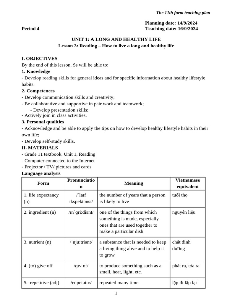 11th Grade Healthy Lifestyle Lesson Plan | PDF | Teachers | Vocabulary