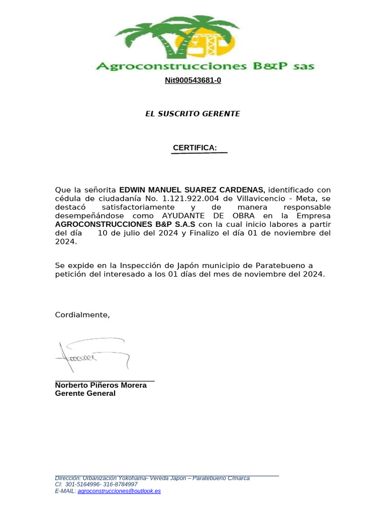 Certificado Laboral Edwin Suarez | PDF