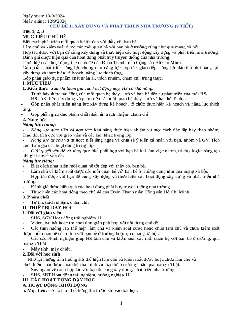 GA HDTN 11 CHỦ ĐỀ 1 | PDF