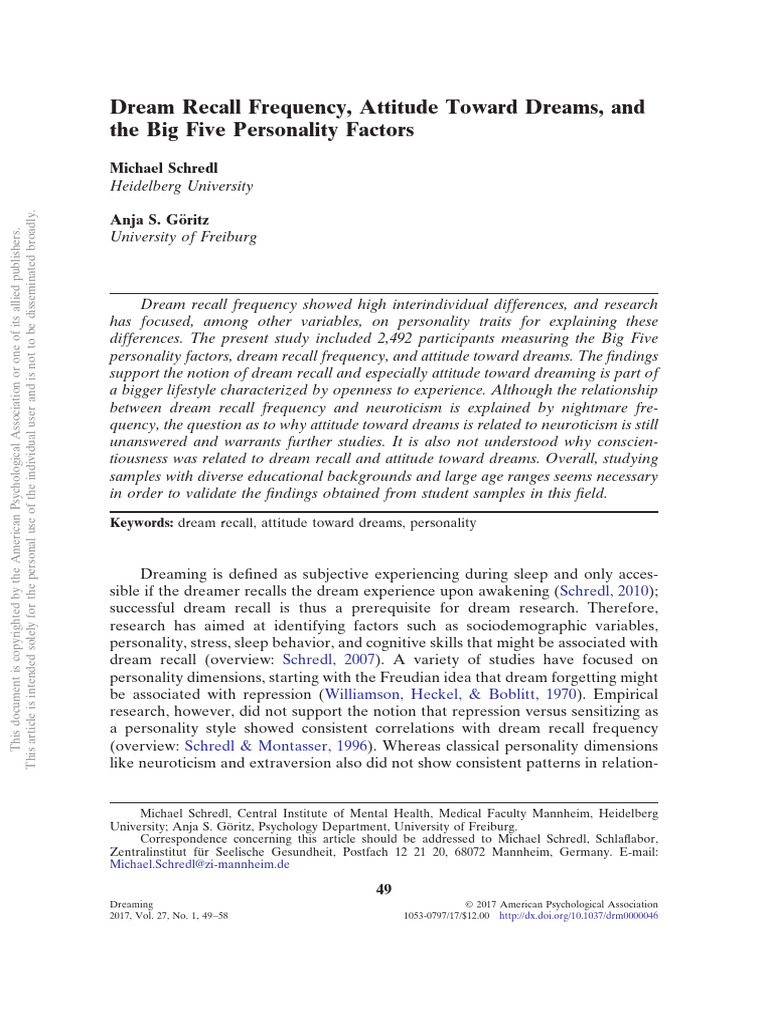 Dream Recall Frequency | PDF | Coefficient Of Determination ...