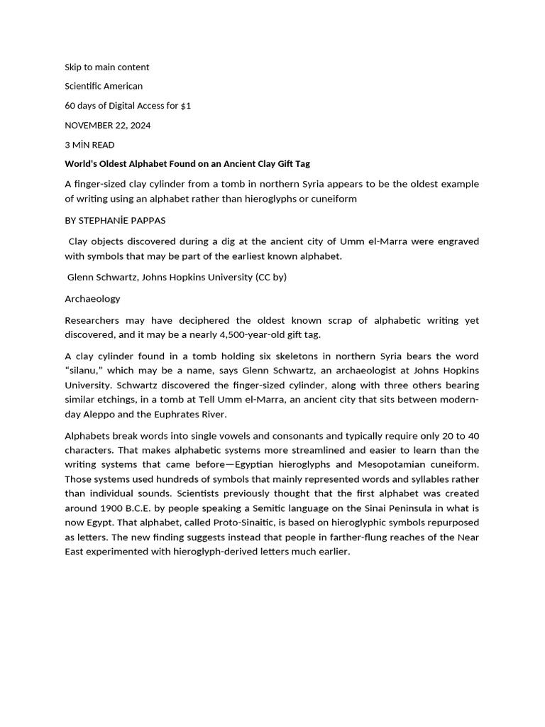 World's Oldest Alphabet Found On An Ancient Clay Gift Tag | PDF