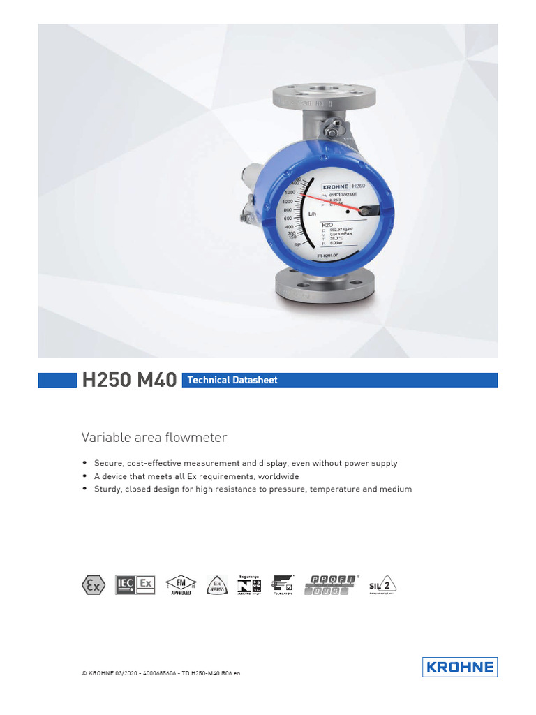 H250 M40 Flowmeter Technical Datasheet | PDF | Buoyancy | Flow Measurement