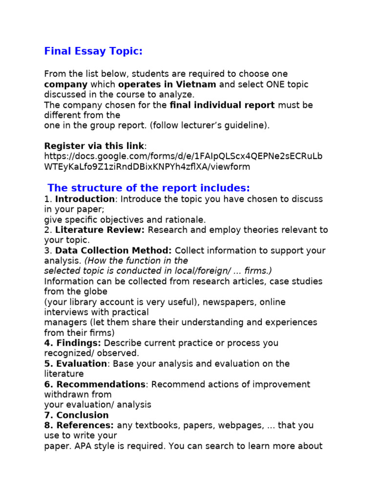 Final Essay Guideline - T2 - 2024 | PDF