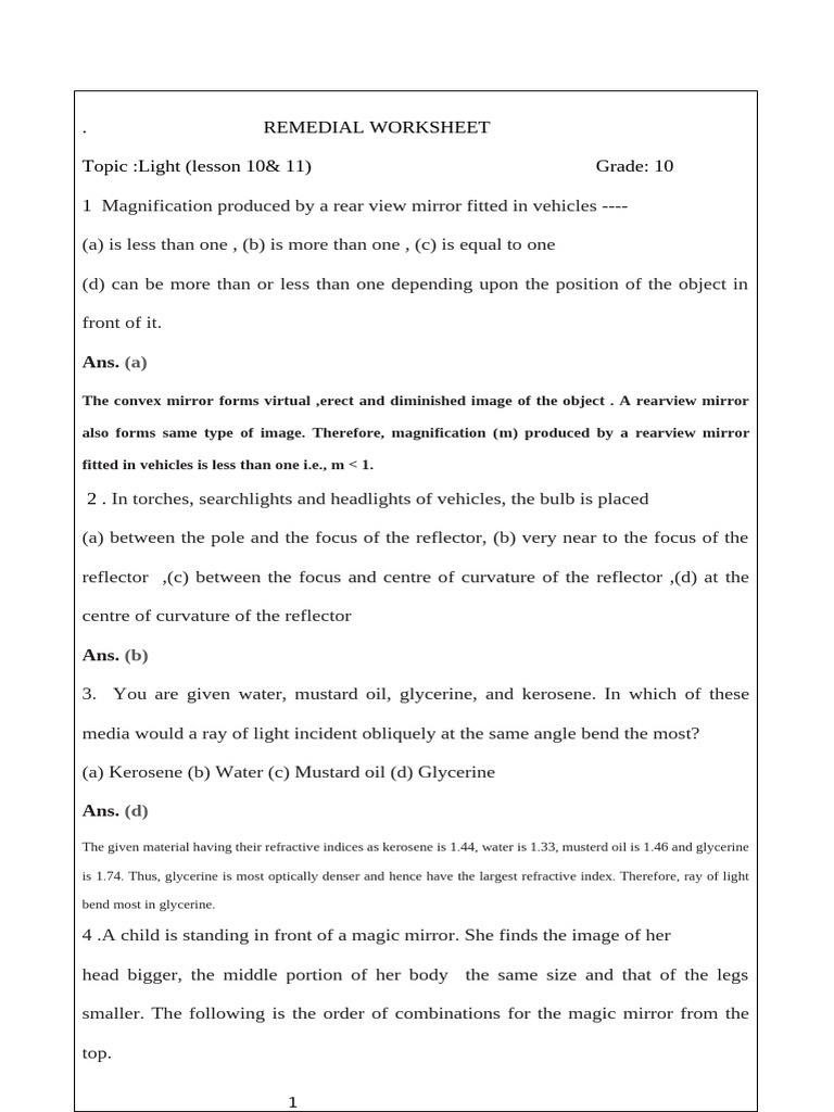 Remedial Worksheet | PDF | Optics | Electromagnetic Radiation