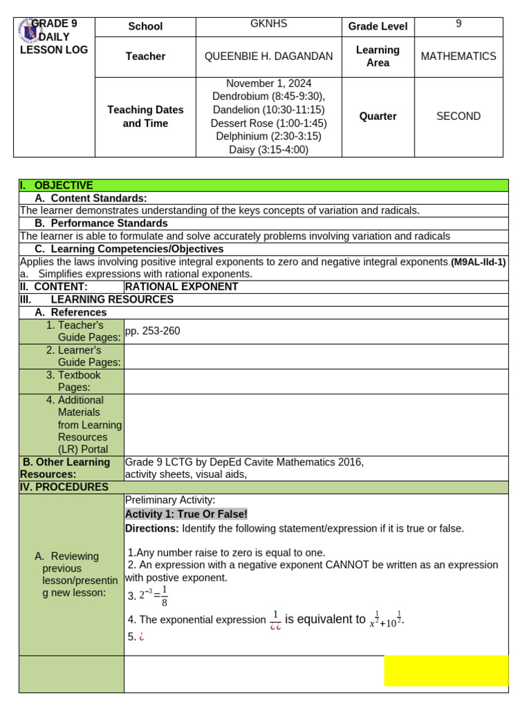 Grade 9 Rational Exponents Lesson Plan | PDF | Exponentiation | Learning