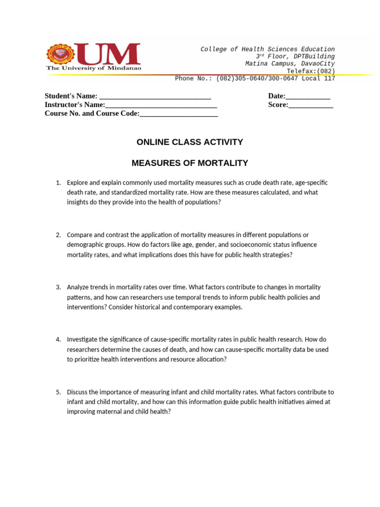 Online Class Activity - Measures of Mortality | PDF | Mortality Rate ...