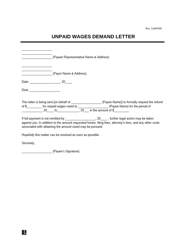 Unpaid Wages Demand Letter Template | PDF Unpaid Wages Demand Letter Template | PDF