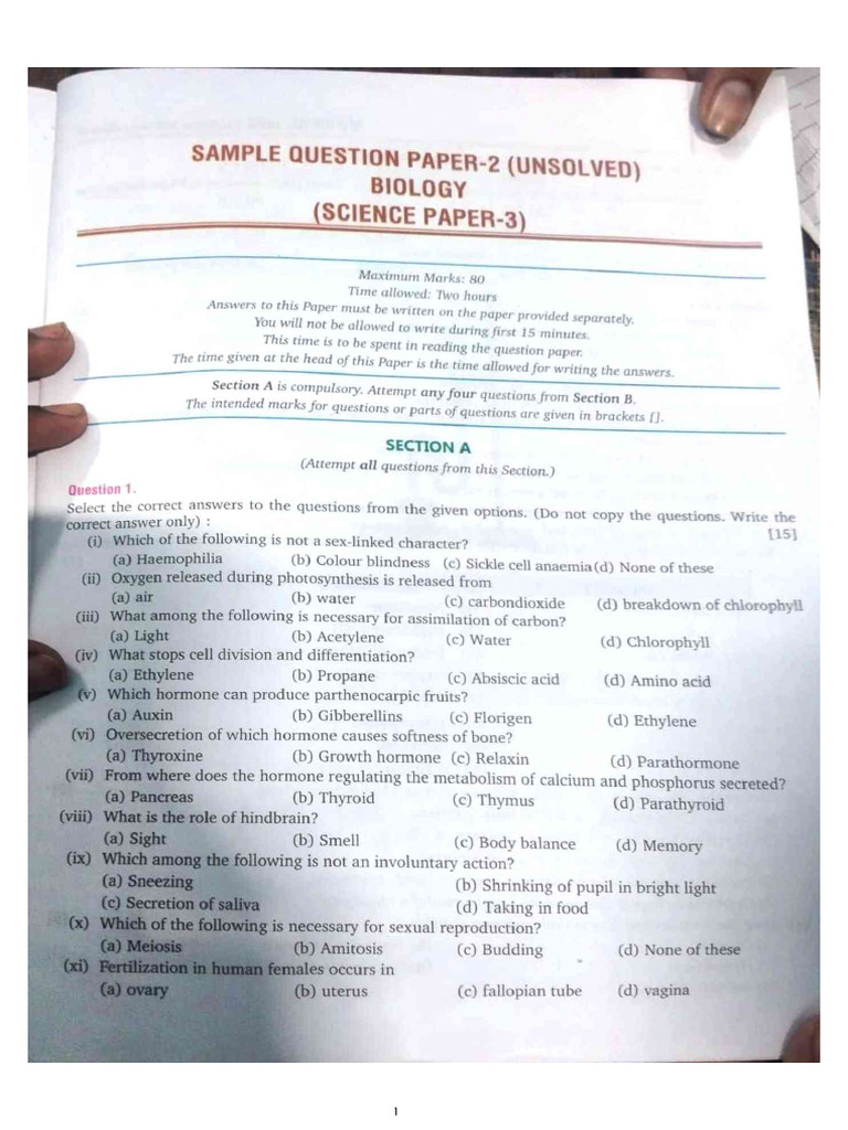 Class 10th Biology 1 To 2 Sample Paper | PDF