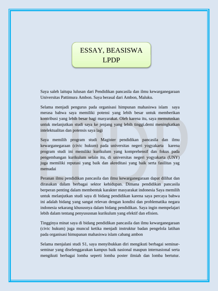 Contoh Esai Beasiswa LPDP 2025 | PDF