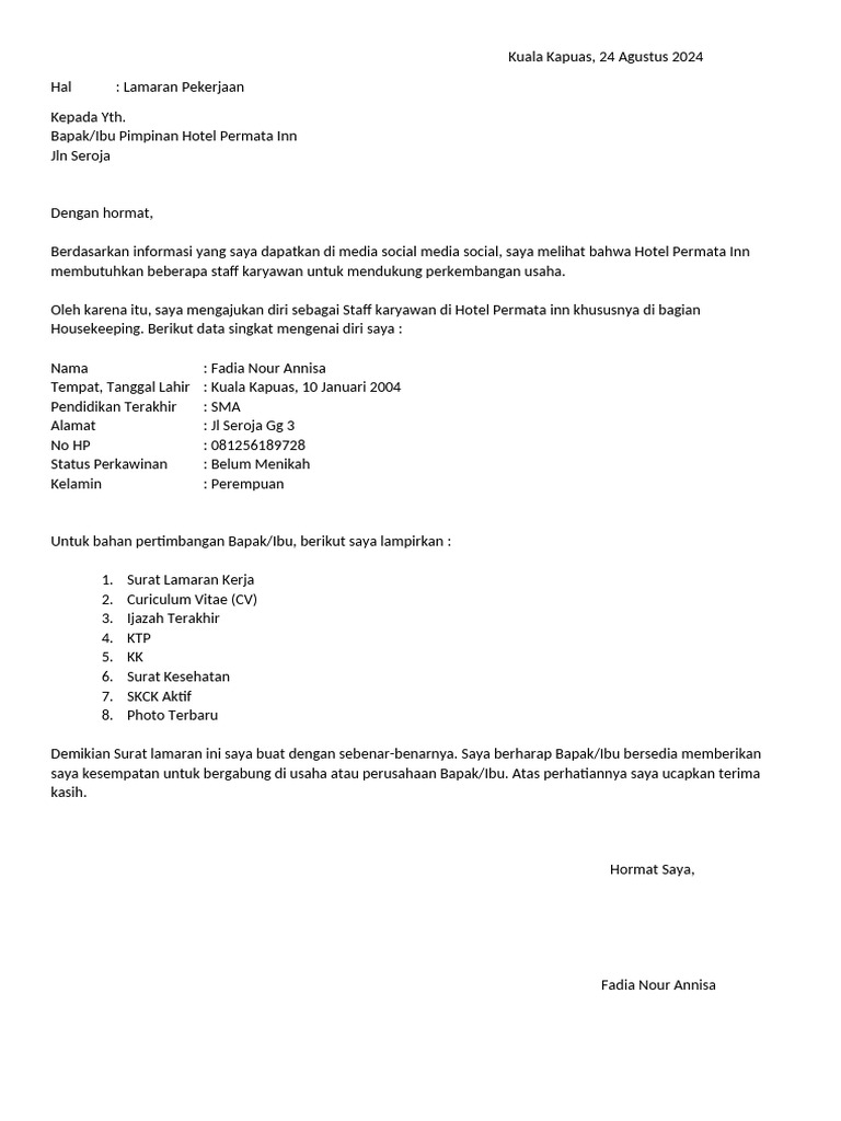 Surat Lamaran Kerja Fadia | PDF