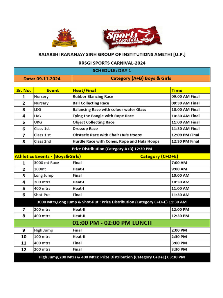 RRSGI Sports Carnival 2024 Schedule | PDF | Games Of Physical Skill | Sports