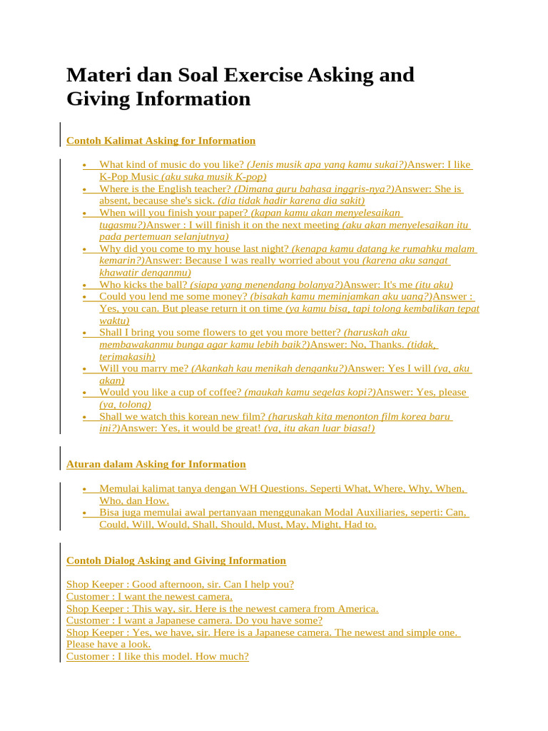 Materi Dan Soal Exercise Asking and Giving Information | PDF