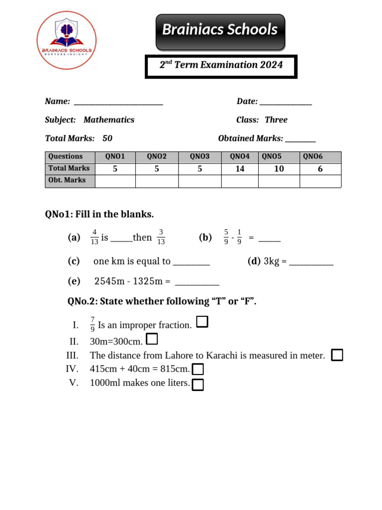 3rd Class Paper 2nd Term MATH | PDF | Mathematics