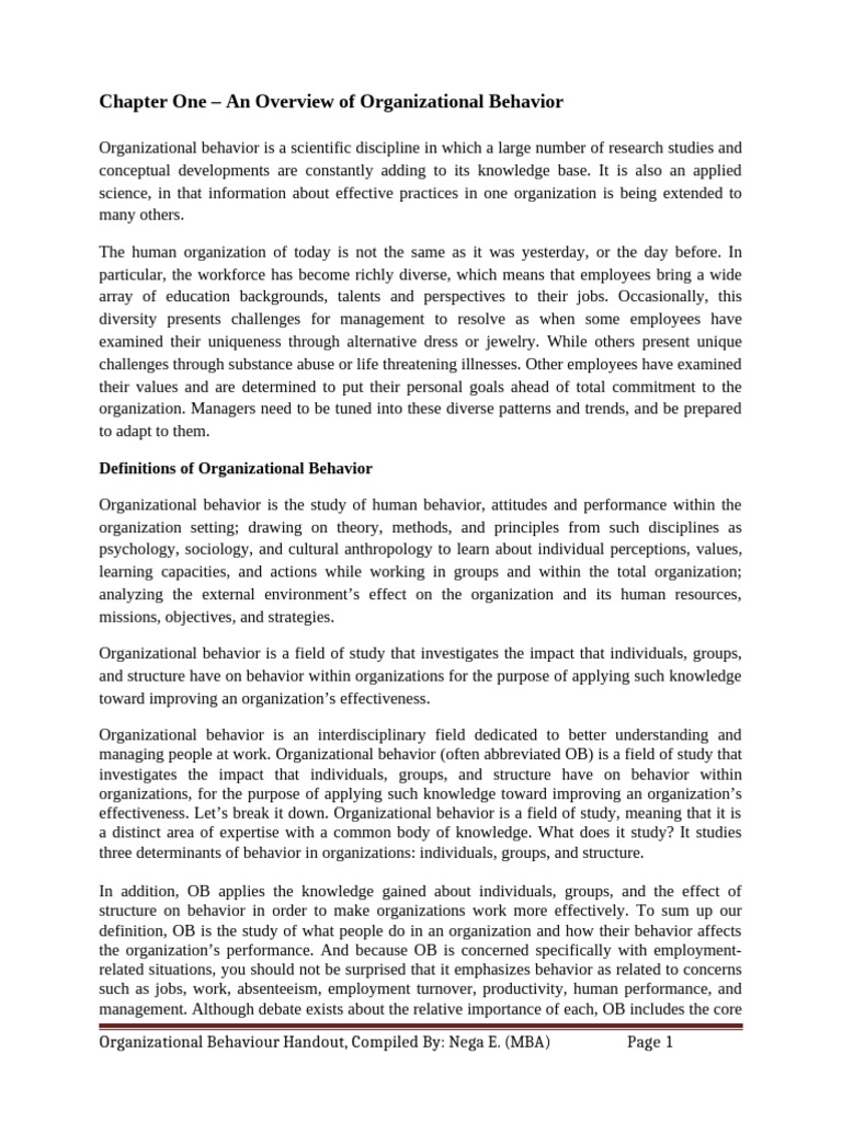 Organizational Behaviour Handout (Chapter 1 - 9) | PDF | Attitude (Psychology) | Organizational ...