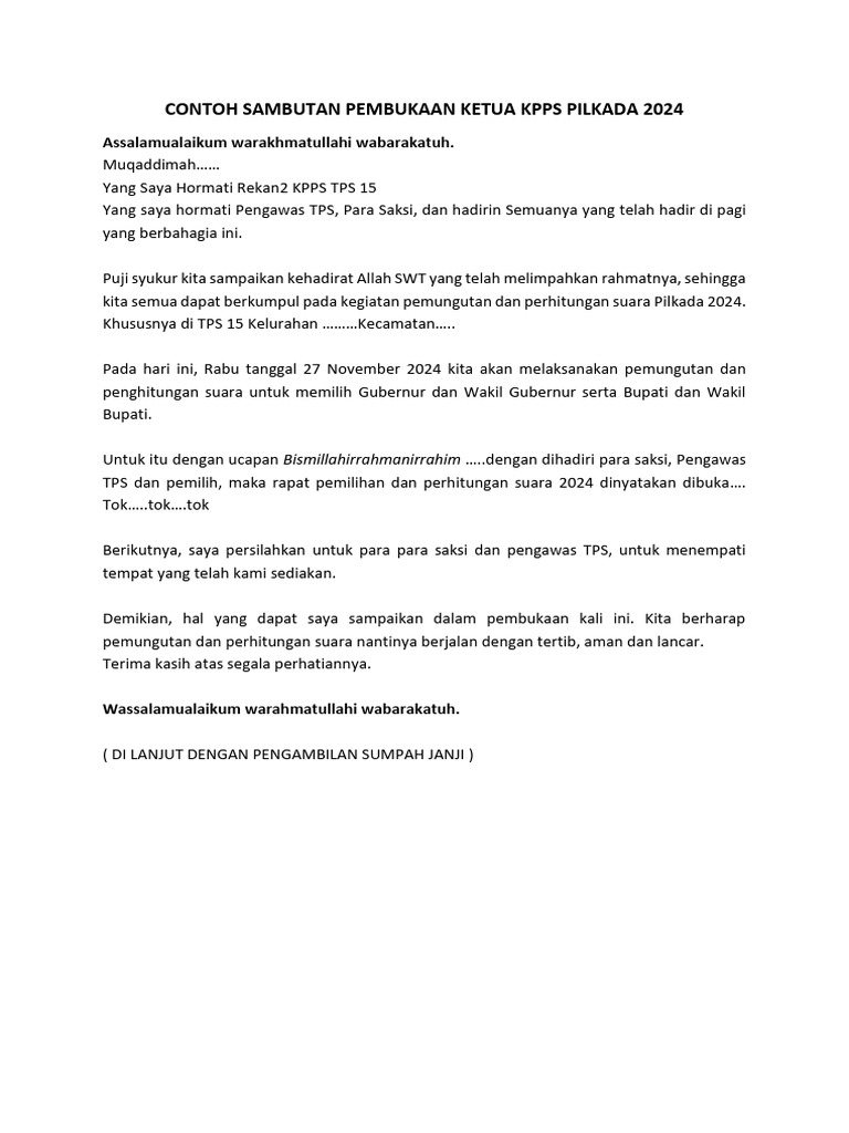 Contoh Pembukaan Ketua KPPS PILKADA 2024 | PDF
