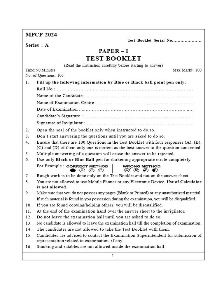 Question Booklets Code A B C D | PDF | Id | Mental Disorder