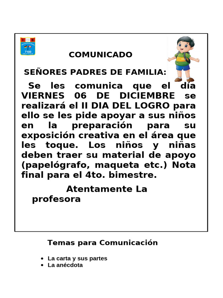 Comunicado Ii Dia Del Logro 2024 | PDF