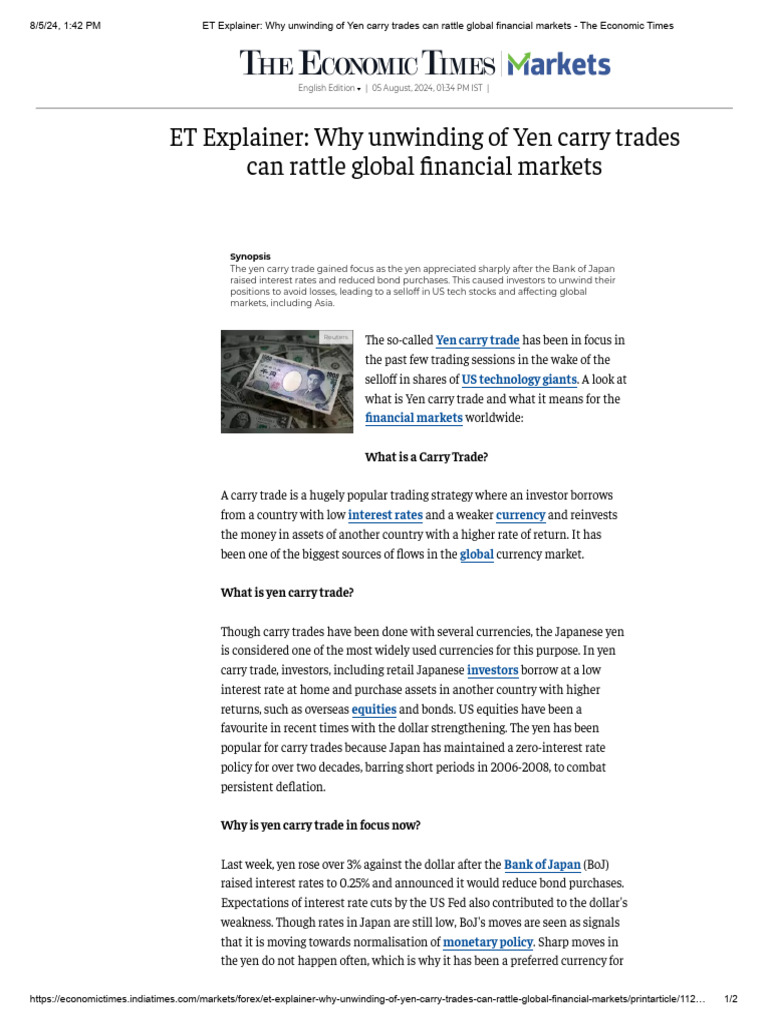 ET Explainer - Why Unwinding of Yen Carry Trades Can Rattle Global Financial Markets - The ...