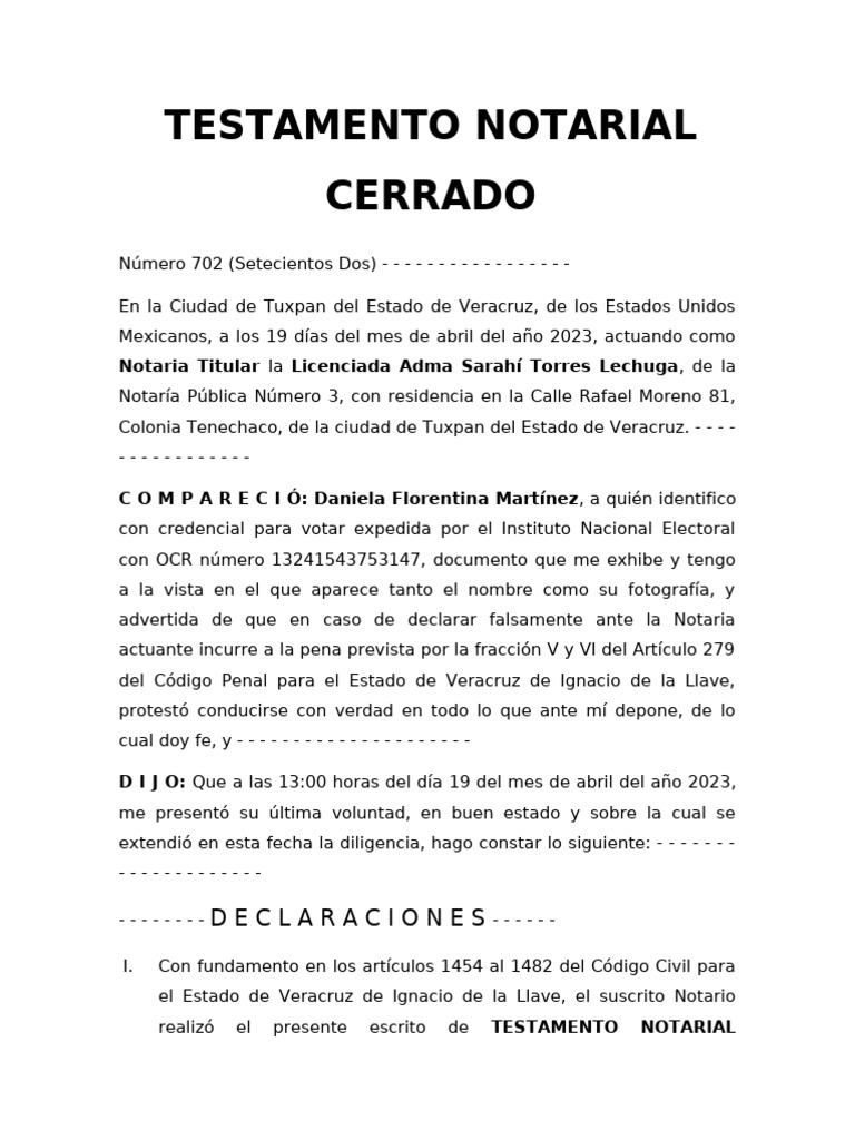 Testamento Notarial Cerrado | PDF | Ley común | Derecho Civil (Common Law)