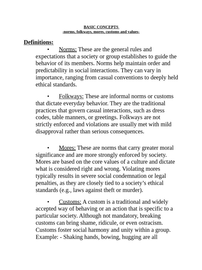 BASIC CONCEPTS - Mores Norms Folkways Customs Values | PDF | Social ...