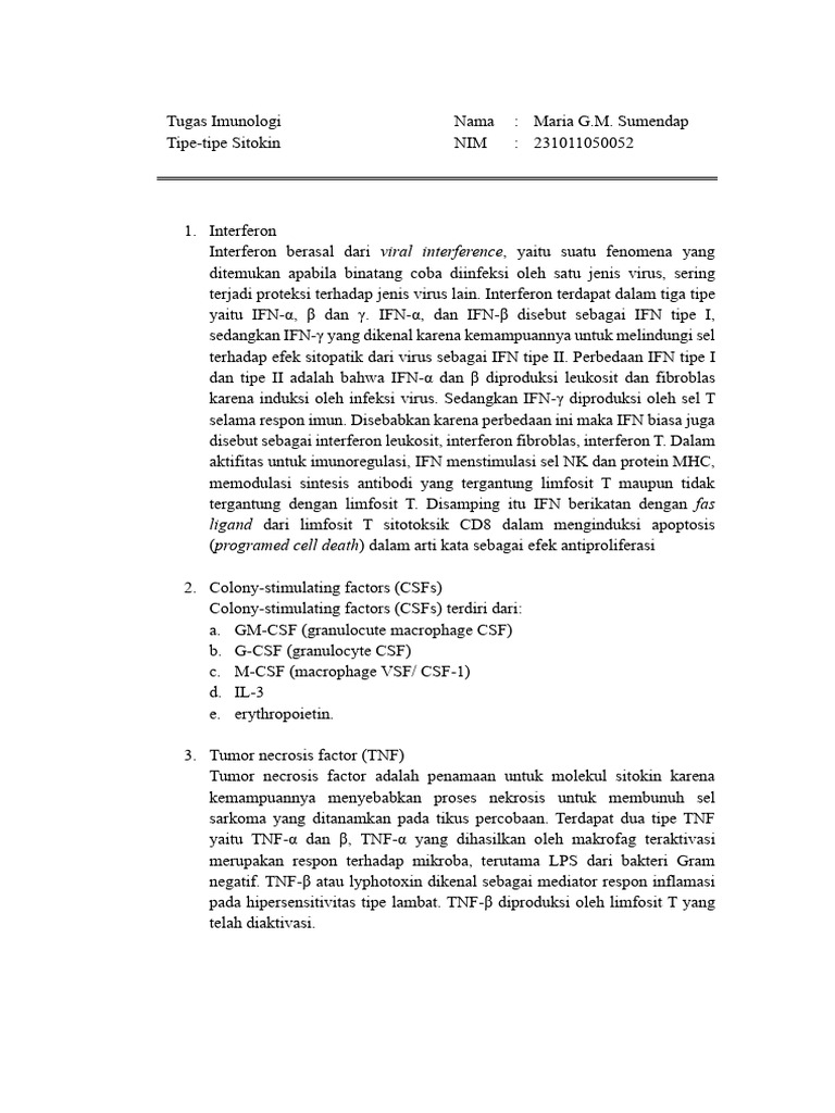 Tipe-Tipe Sitokin dalam Imunologi | PDF