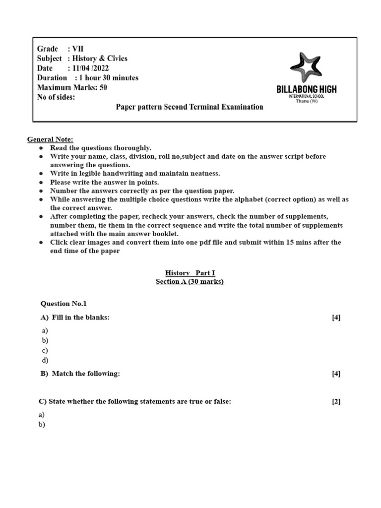GR7 Term 2history & Civics Paper Pattern | PDF