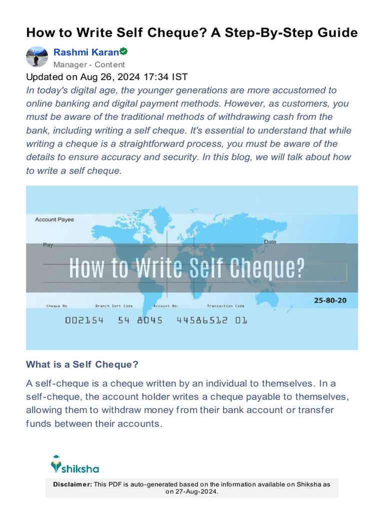 How To Write Self Cheque? A Step-By-Step Guide: Rashmi Karan | PDF ...