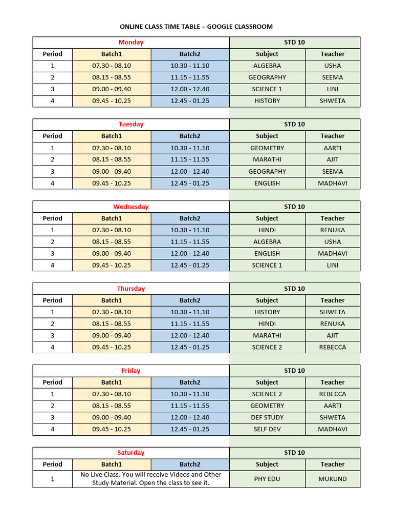 STD 10 - Online Class Time Table | PDF