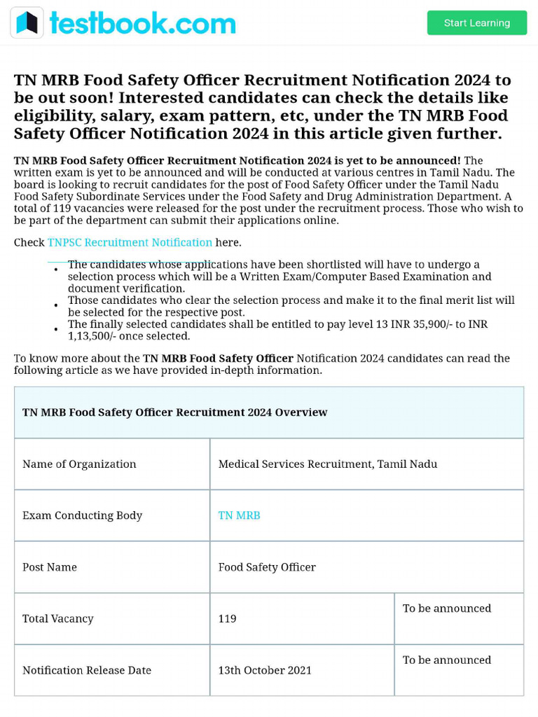 TN MRB Food Safety Officer Recruitment 2024exam Info | PDF