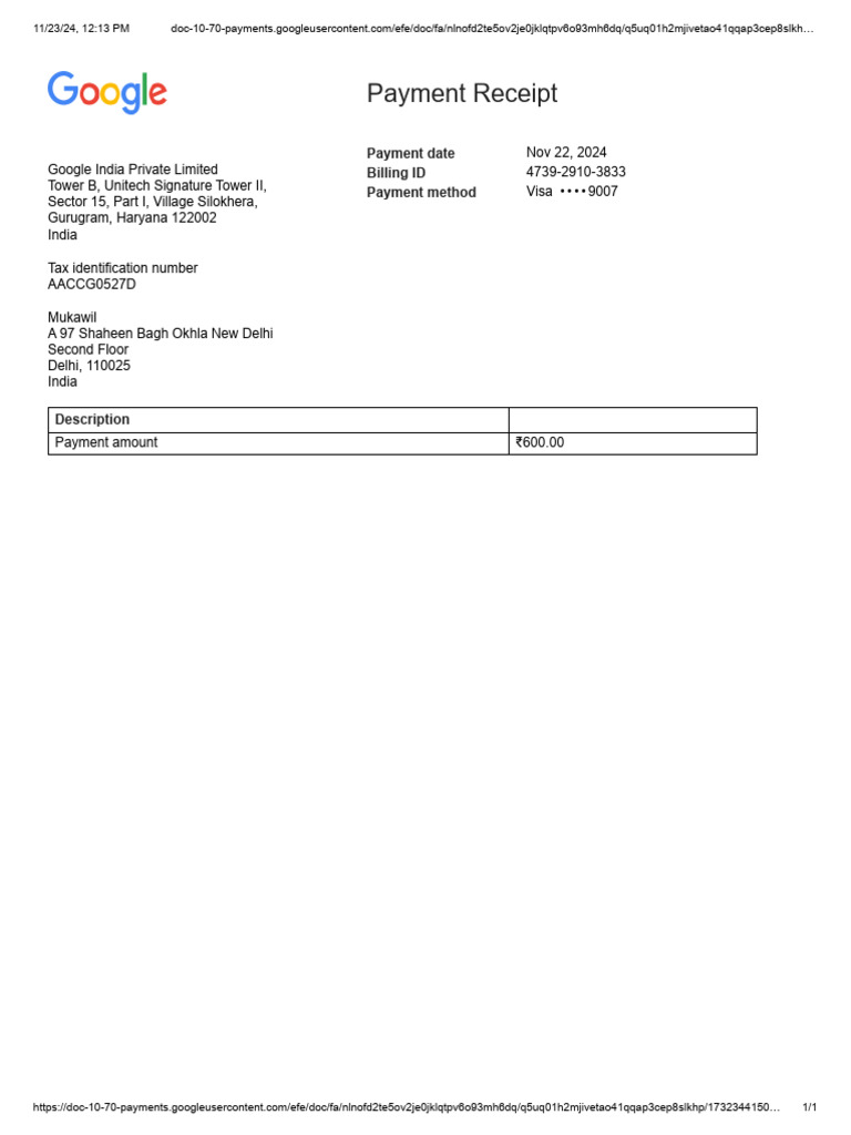 Google Ads Payment Receipt Details | PDF