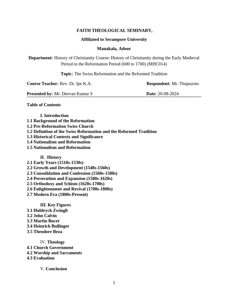 The Swiss Reformation and The Reformation Tradition | PDF ...