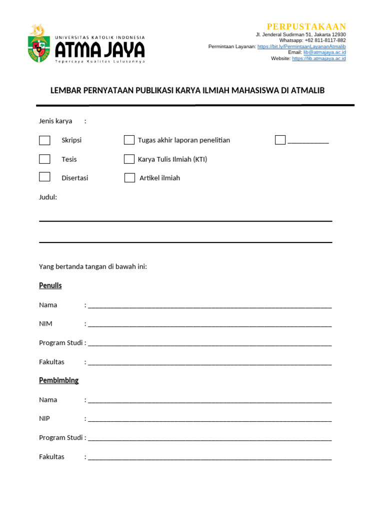 Lembar Pernyataan Publikasi Karya Ilmiah Mahasiswa Di Atmalib v2 | PDF