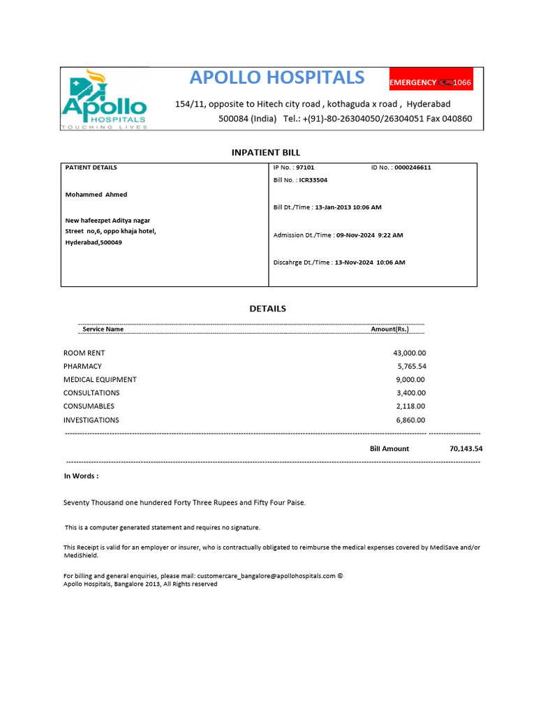 Apollo Hospital Inpatient Bill 2024 | PDF | Health Care | Social Programs
