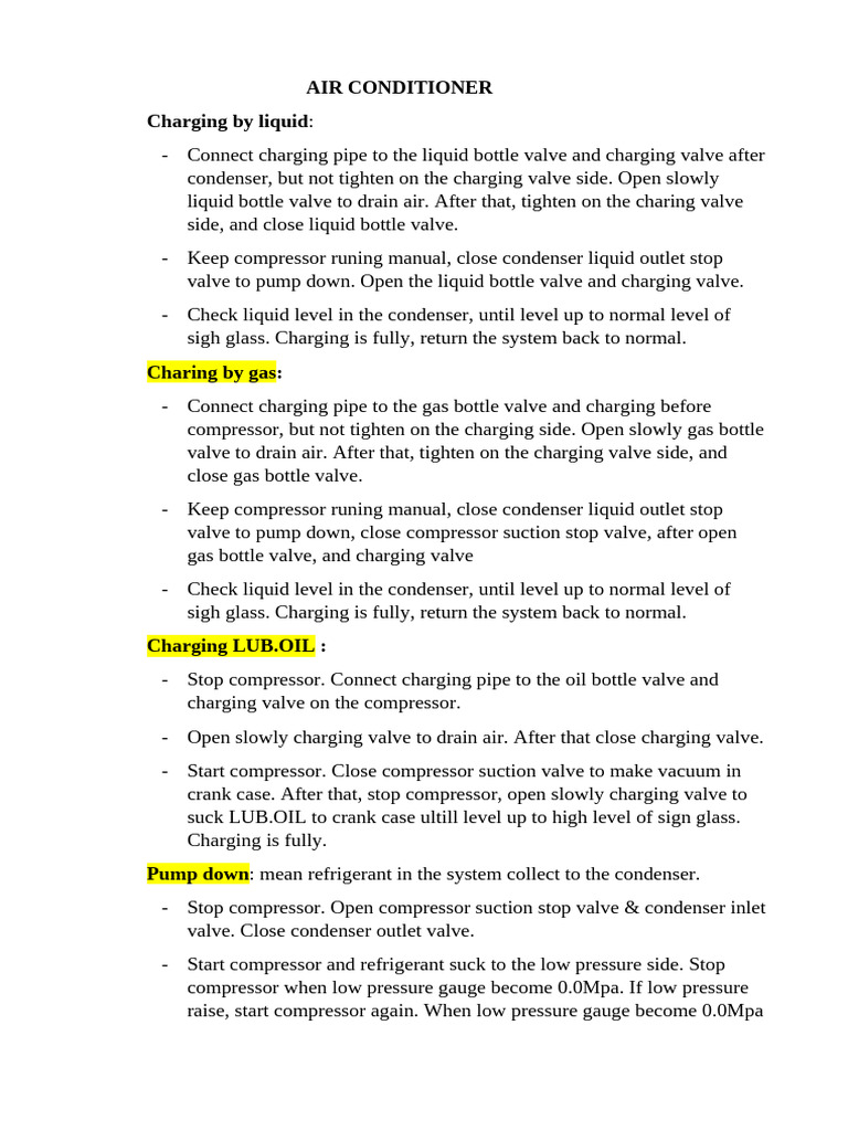 Air Conditioner Charging Procedures Guide | PDF | Capacitor ...