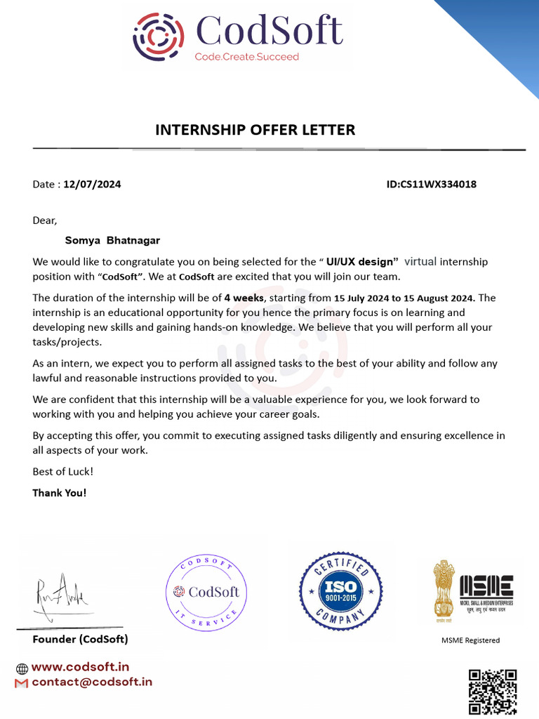 Somya Bhatnagar Codesoft Offer Letter | PDF