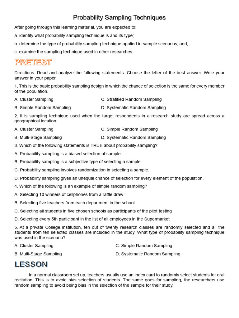 Quarter 2 - Probability Sampling Techniques | PDF | Sampling ...