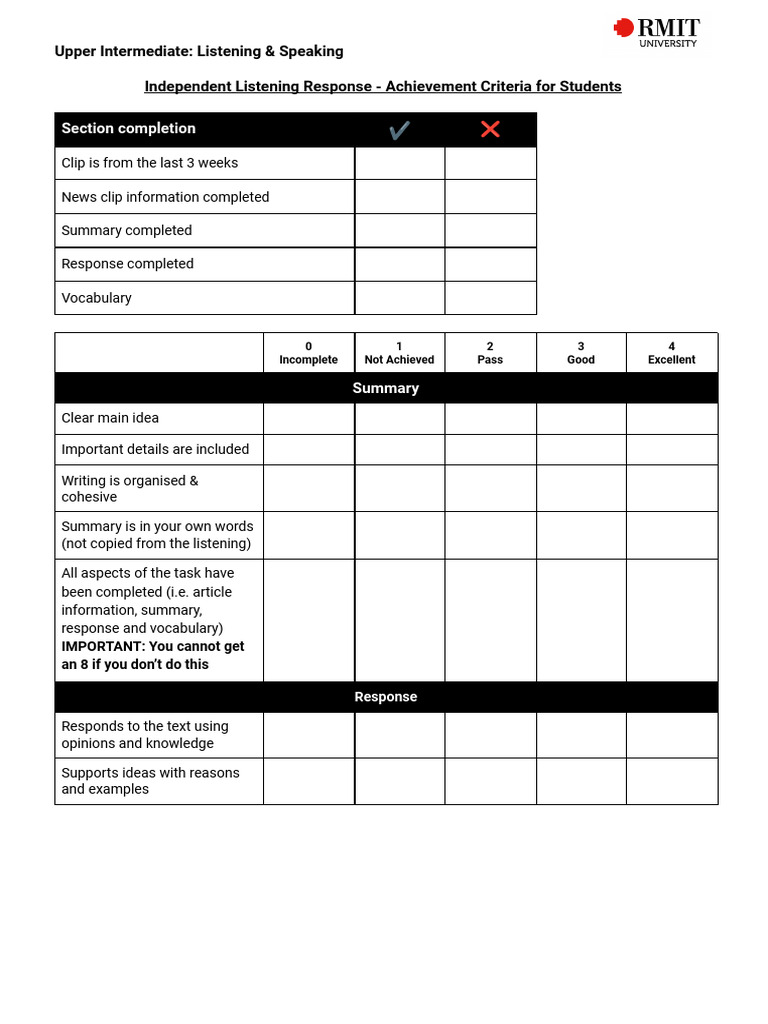 Listening Response Achievement Criteria STUDENT VERSION (I - UI-L&S) | PDF