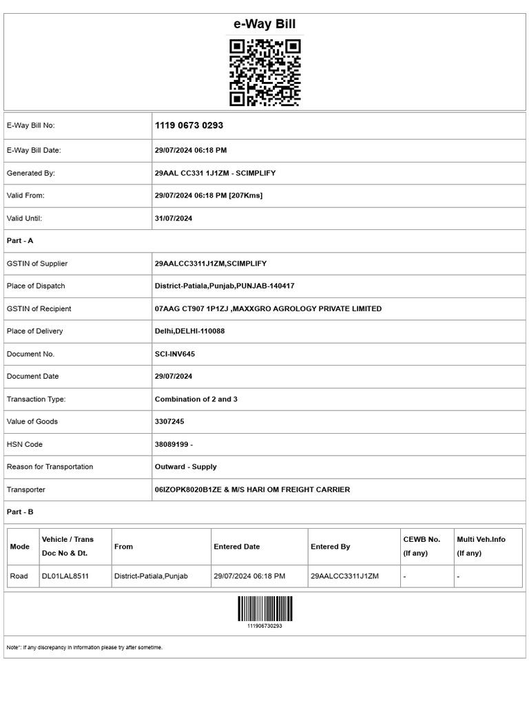 E-Way Bill for Goods Transport | PDF